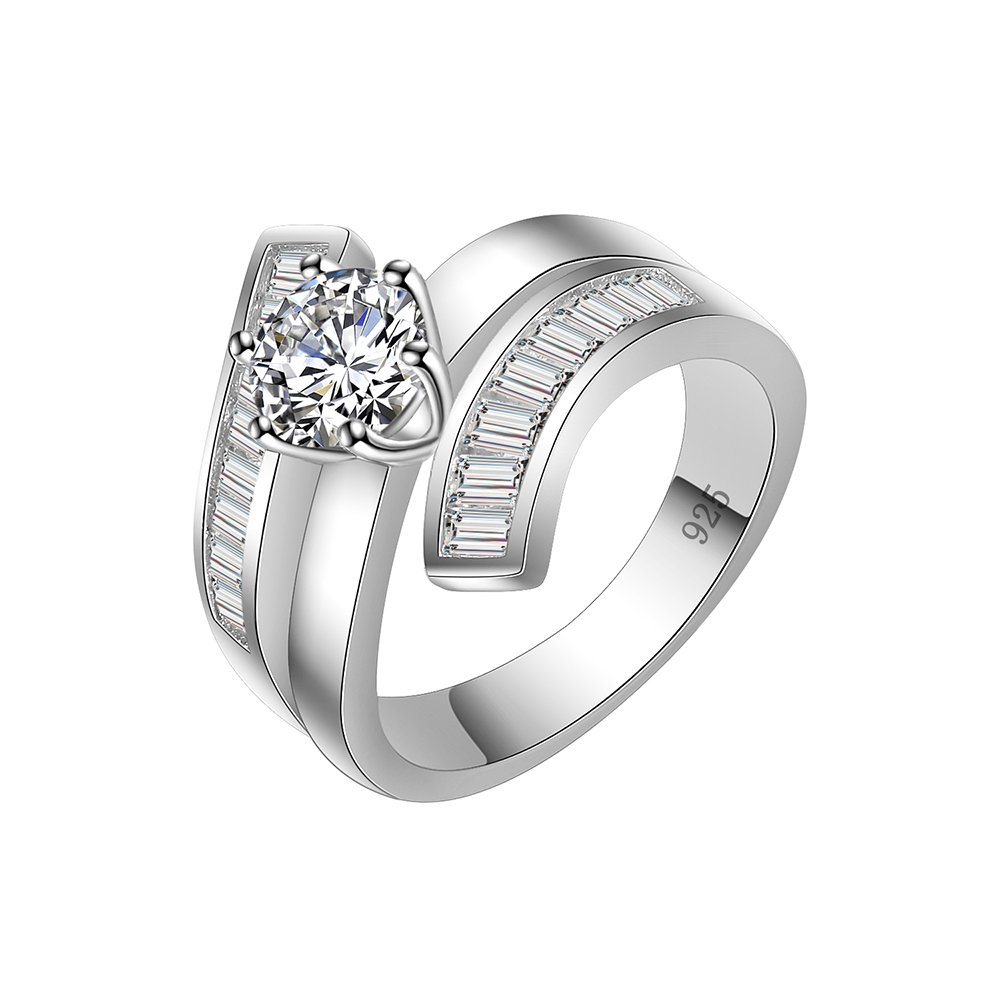 Lavencious Luxury Clear Baguette-cut CZ Statement Ring Band 925 Sterling Silver for Wedding (Silver, 7)