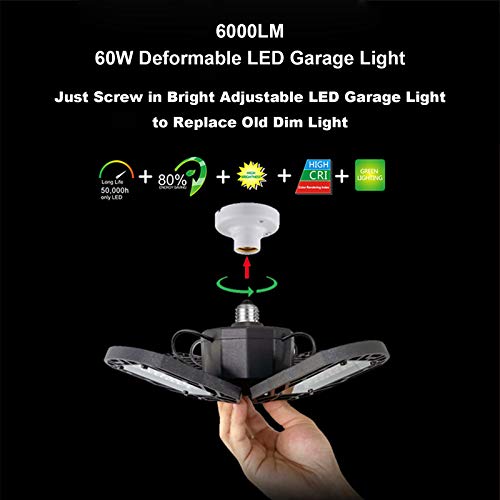 LED Garage Lights, 60W Deformable Garage Ceiling Lighting Fixture, 6000LM E26 Trilights with 3 Adjustable Panels, 6000K Triple LED Shop Light Bulb for Garage, Workshop, Warehouse (No Motion Activated)