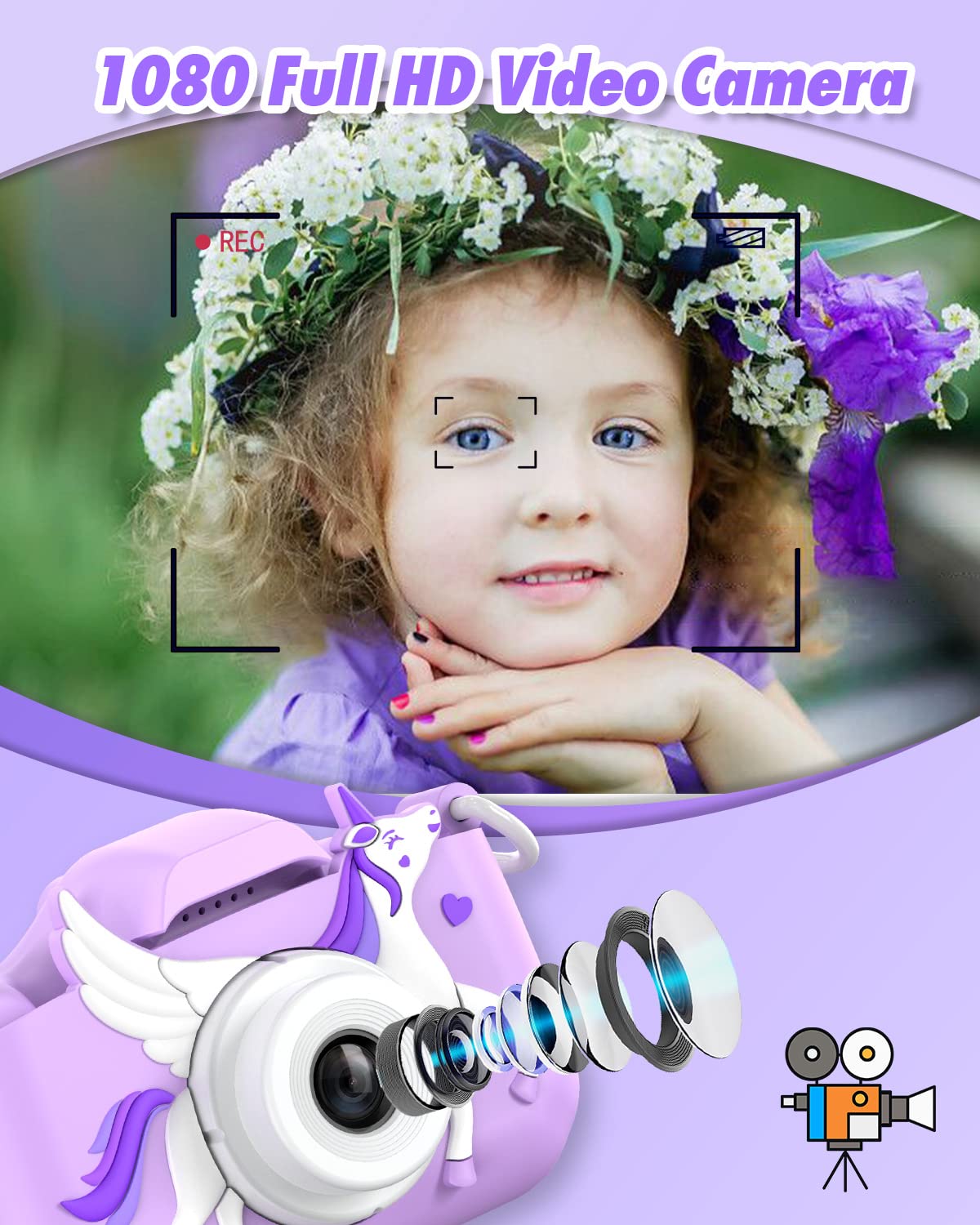 Slothcloud X5 Kids Digital Camera, Unicorn-Purple, 32GB Memory, Anti-Drop Silicone, 1080P Video, Multi-Functions, Selfie, Gift for Children