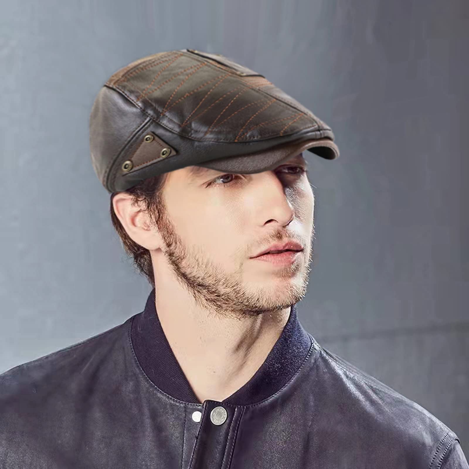 Mens Adjustable PU Leather Ivy Cap Newsboy Hat Classic Golf Flat Cap Gatsby Driving Fishing Hat for Men Father Dad (2# Light Coffee)