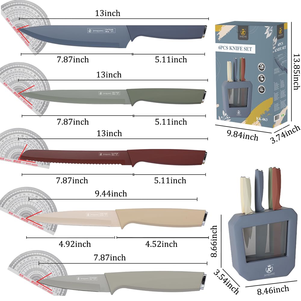 Knife Set, 6 Pcs Color-Coded Kitchen Knife Set, 5 Color Anti-Rust Coating Stainless Steel Kitchen Knife Set with Block, Super Sharp Kitchen Knives with Acrylic Stand, Professional Chef Knife Set