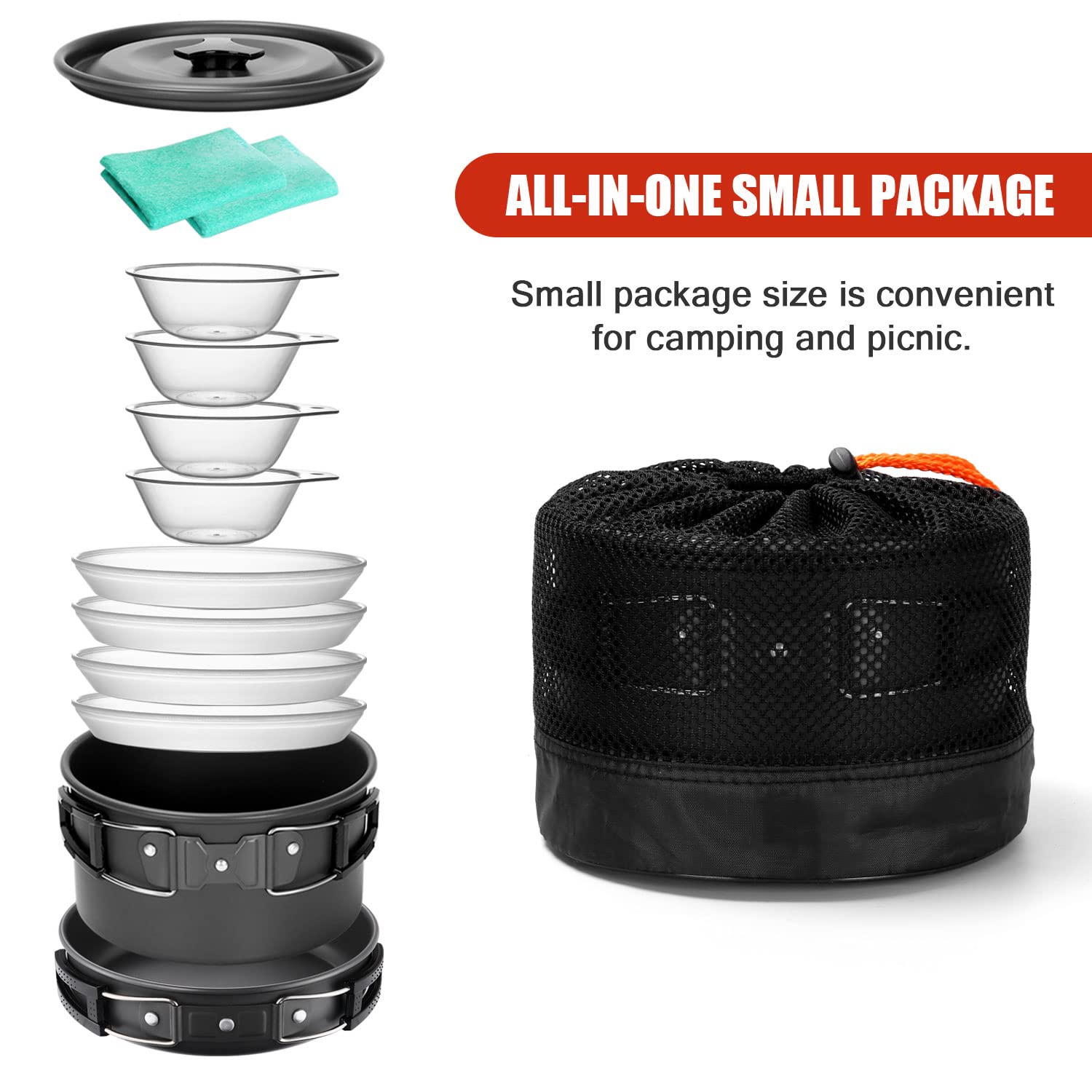 Odoland 14pcs Camping Cookware Mess Kit, Camping Cooking Set, Portable Nonstick Camp Pots and Pans Set with Plates Bowls for Outdoor Camping, Picnic, Hiking, Backpacking