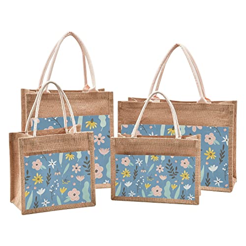 JUNZAN Flowers Leaves and Berries Jute Tote Bags Burlap Reusable Straw Bag for Beach Shopping Grocery Bags Wedding Gift