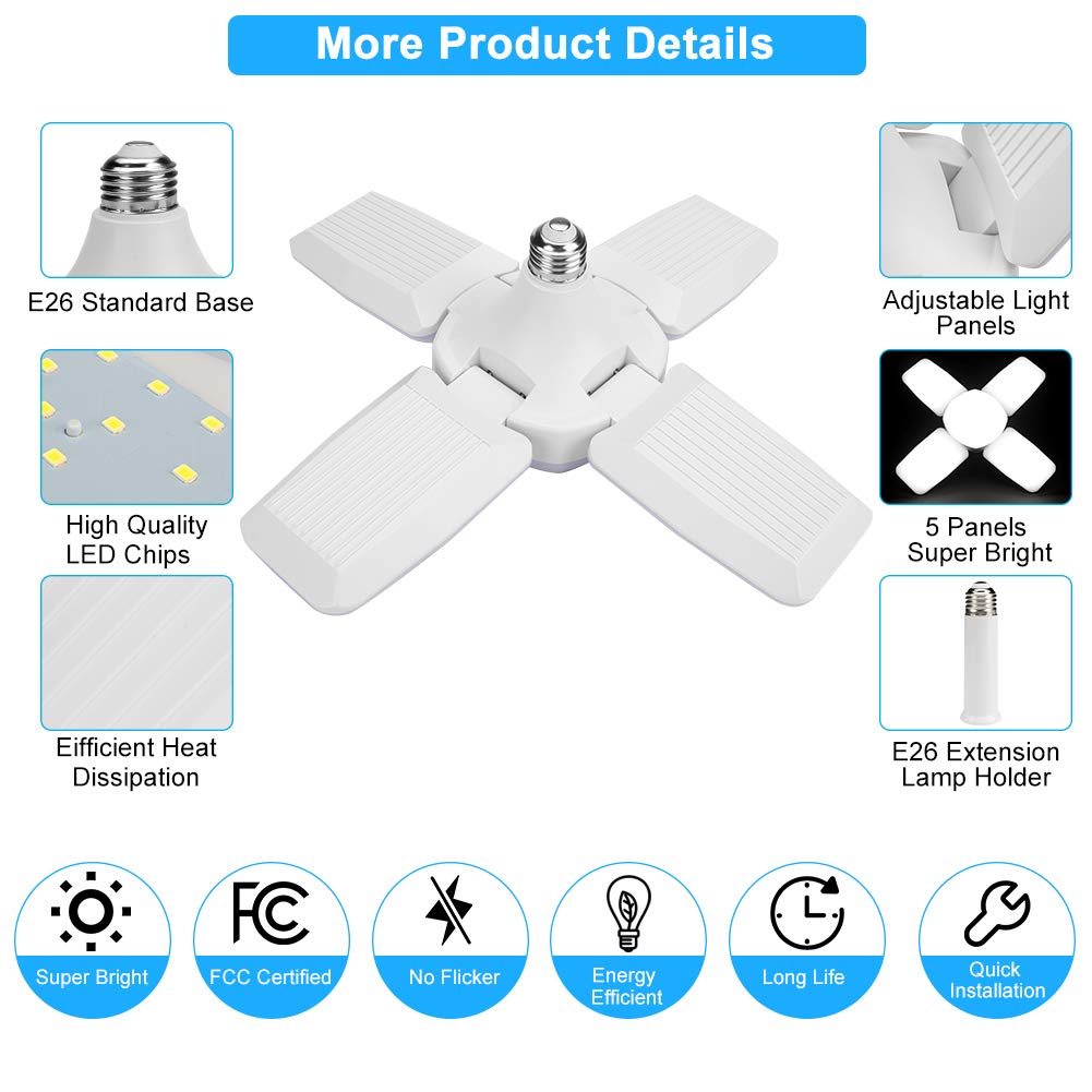 LED Garage Lights 2 Pack 60W 6000LM Garage Light Deformable LED Garage Ceiling Lights 6500K Daylight 5 Adjustable Panles E26 Base LED Basement Lights Garage LED Lights for Warehouse Workshop Office