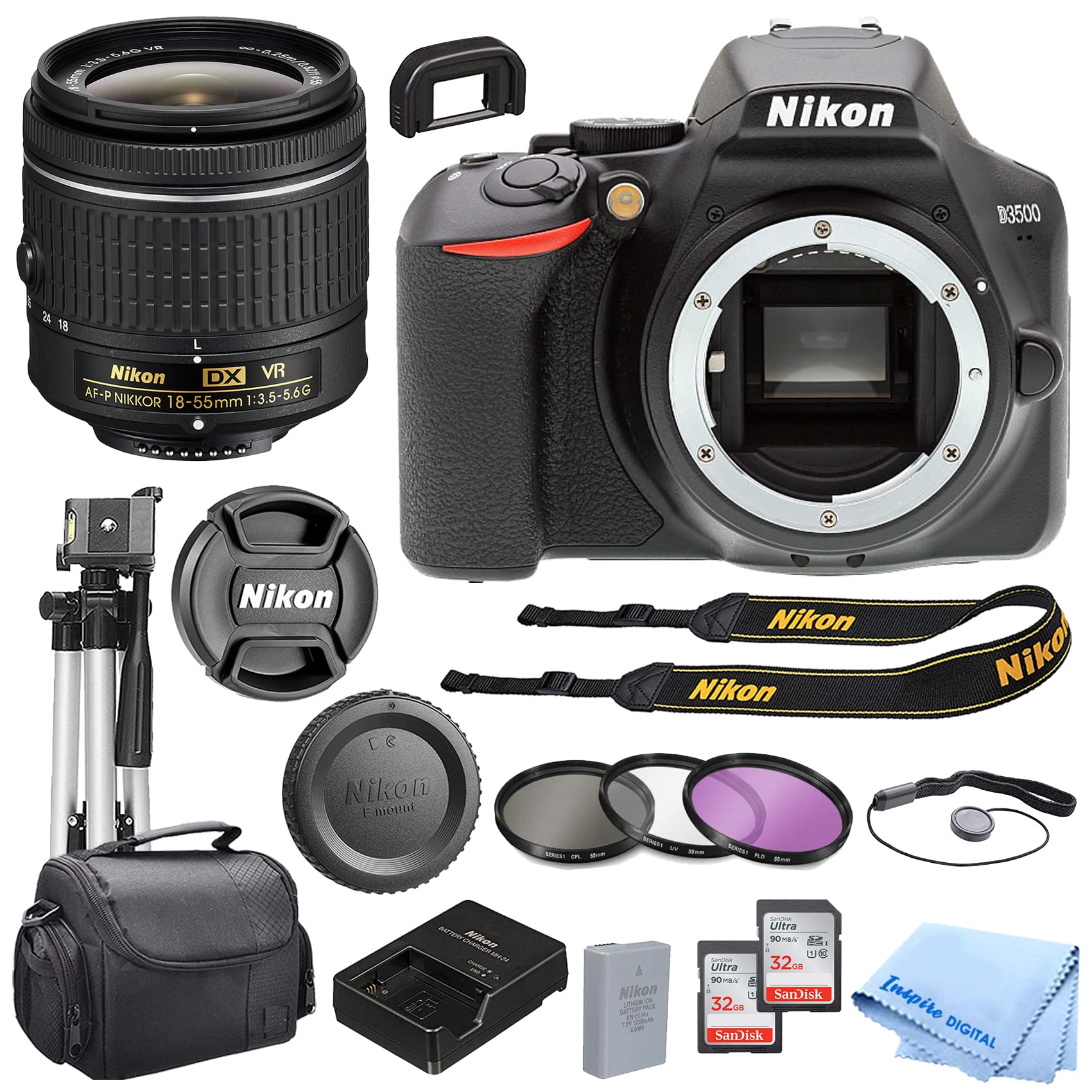 Nikon Intl D3500 DSLR Camera Bundle with 18-55mm VR Lens - Built-in Wi-Fi-24.2 MP CMOS Sensor -EXPEED 4 Image Processor and Full HD Videos - 32GB Memory(17pcs)