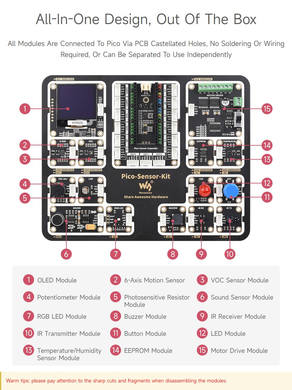 Waveshare Entry-Level Sensor Kit Compatible with Raspberry Pi Pico, Including Pico Expansion Board and 15 Common Modules-Sensor Kit Only