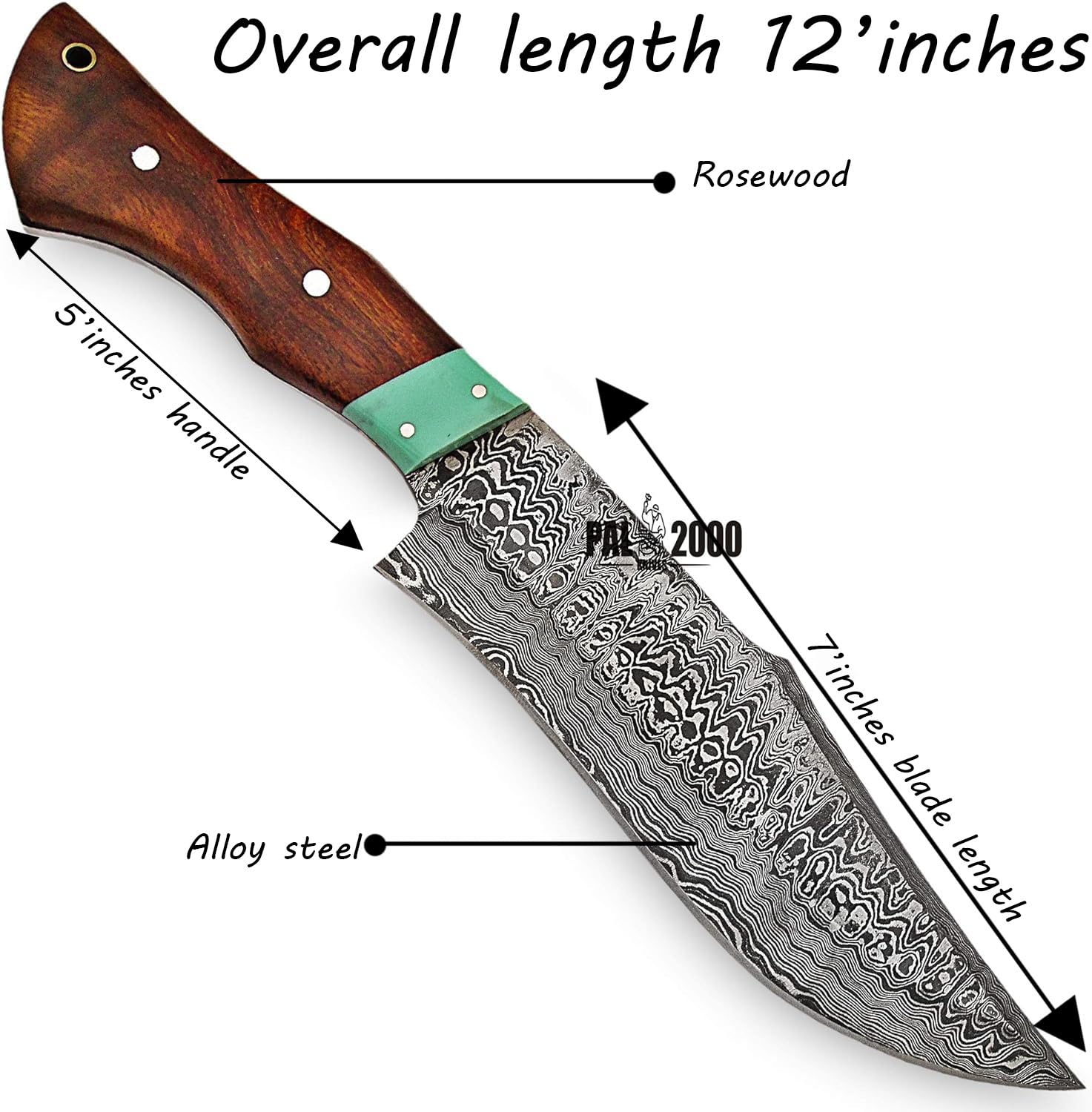 PAL 2000 HUNTING KNIVES Ssat 9902 Handmade Damascus Steel Custom Knife Solid Rose Wood Handle Knife With Sheath