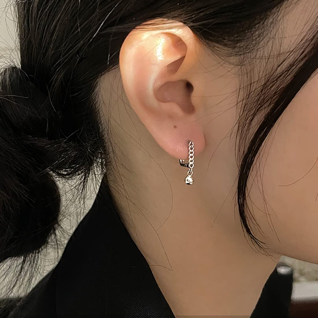SLUYNZ 925 Sterling Silver U Hoop Earrings for Women Square Hoop Earrings Minimalist Chain Earrings Small Ball Dangly Hoop Earrings (A-Silver)