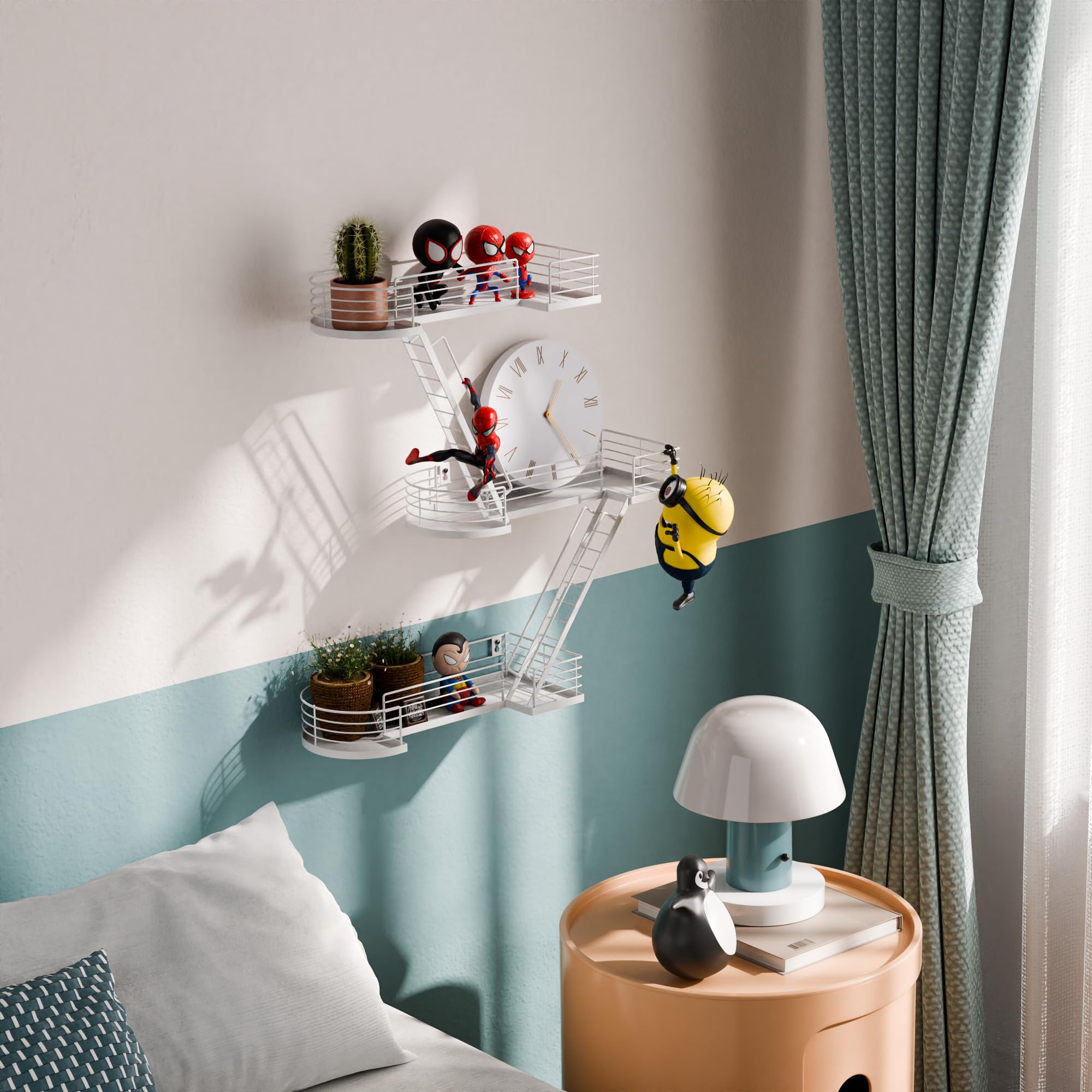 YEMNMFH 15 Inch Fire Escape Wall Shelf - White Metal Decorative Shelves, Eye-Catching Figurine Display Shelf Wall Mounted, Unique Ladder Home Décor for Knick Knack, Action Figure, Bedroom, Bathroom
