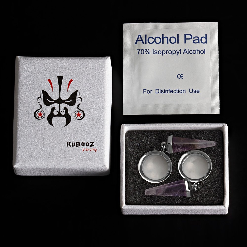 KUBOOZ(1 Pair Amethyst-stone Pendant Stainless Steel Ear Plugs Tunnels Gauges Stretcher Piercings 0g