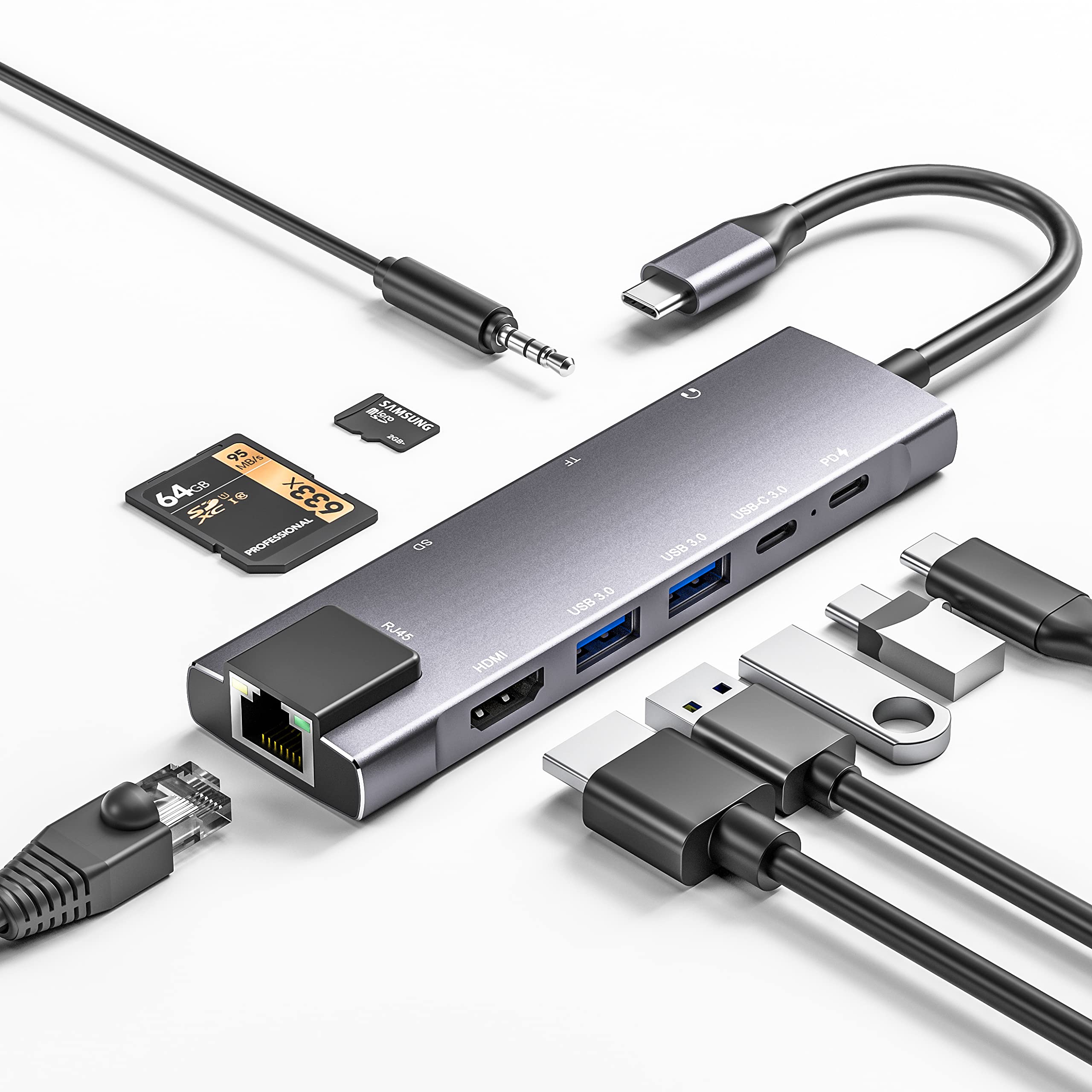 USB C Hub Mulitiport Adapter, 9-in-1 Hub with 1Gbps Ethernet,4K@30Hz HDMI,100W Power Delivery, 2 USB 3.0,SD/TF Card Slots,3.5mm Jack,USB-C3.0 Data, for MacBook Pro/Air iPad Pro M1/M2,Chromebook
