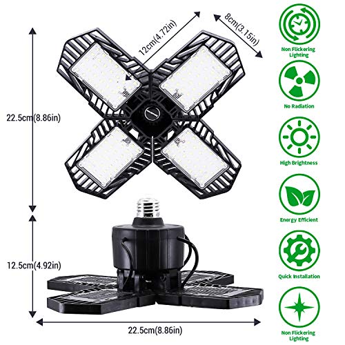 LED Garage Light,60W Four Leaf Tribright Deformable LED Lights, 6000 Lumen Quadruple Glow LED Garage Light, CRI 80, 6000K Retractable Garage Ceiling Light for Warehouse, Basement, Barn (Black-2 Pack)