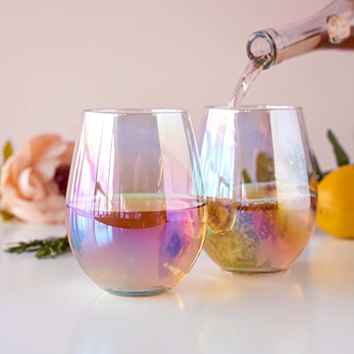 Twine Luster Stemless Wine Glasses, Set of 2, 20 Oz. Rainbow Finish Tumblers, Decorative Barware