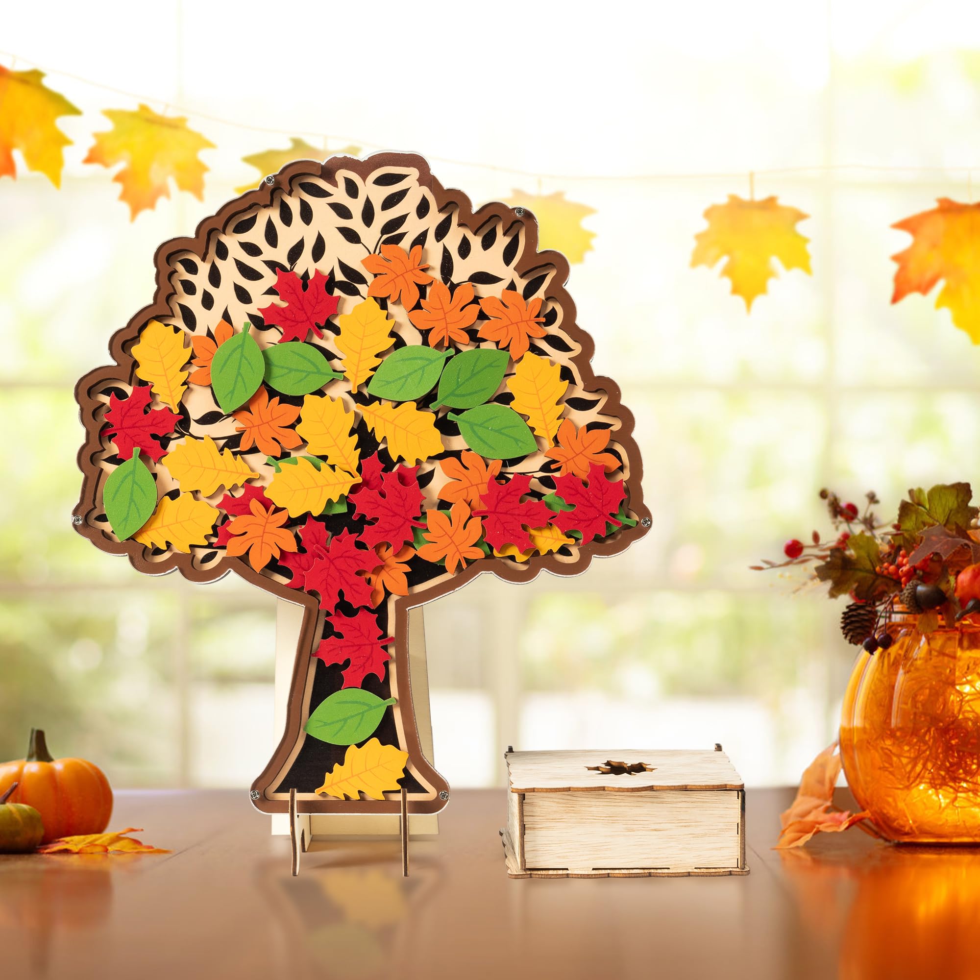 WATINC 50Pcs Thanksgiving Thankful Tree Guest Book Alternative with Wood Box, Fall Rustic Keepsake Tree Drop Box Teacher Appreciation Thank You Gift from Student, Baby Shower Weeding Reception Decor