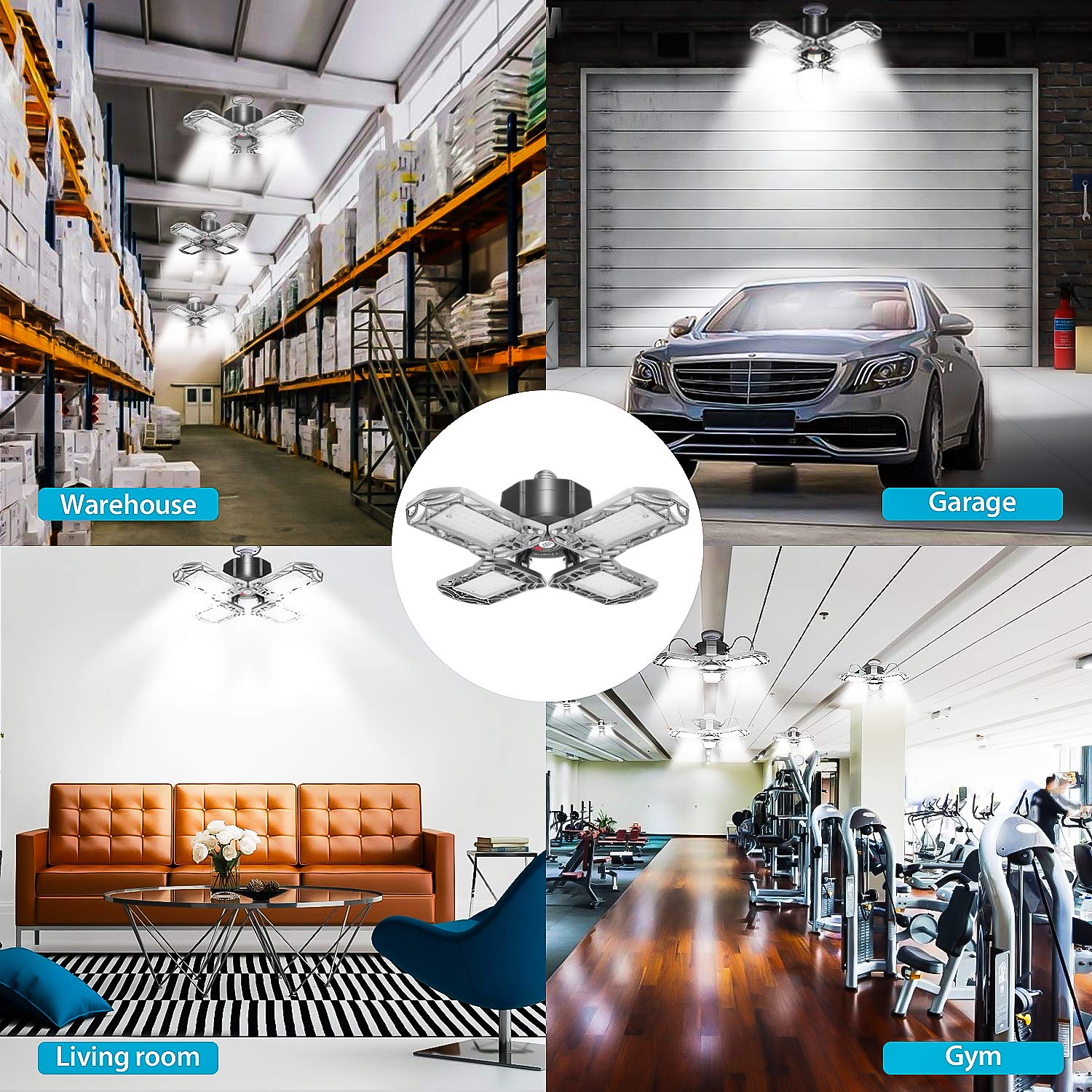 LED Garage Lights Deformable 120W,Upgrade 4 Panels Adjustable E26 LED Garage Ceiling Light with Holder, 50000 Hours Life, 6000-6500K, 360° Area LED Lighting for Shop,Warehouse & Commercial 2pack