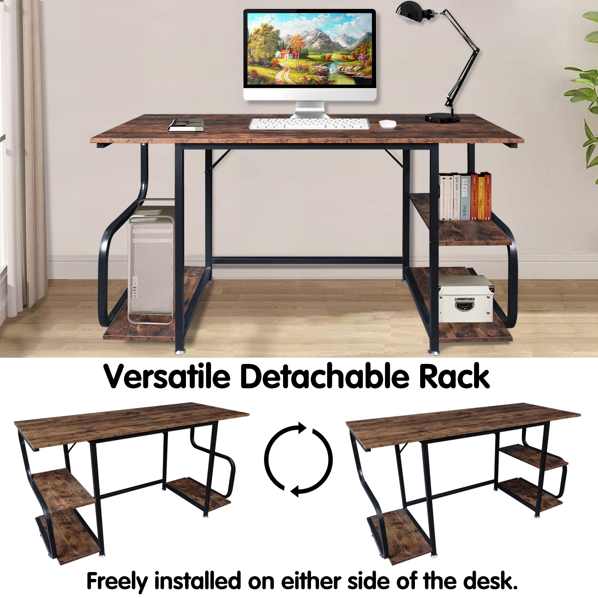 Lavievert 55 inch Computer Desk with Storage Shelves, Study Writing Table, PC Laptop Desk Workstation for Home & Office - Rustic Brown