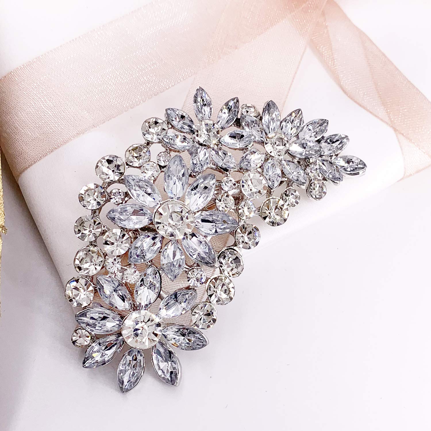LAXPICOL Vintage Clear Austrian Crystal Flower Leaf Bouquet Clusters Large Big Brooch Pin for Women Wedding Broach