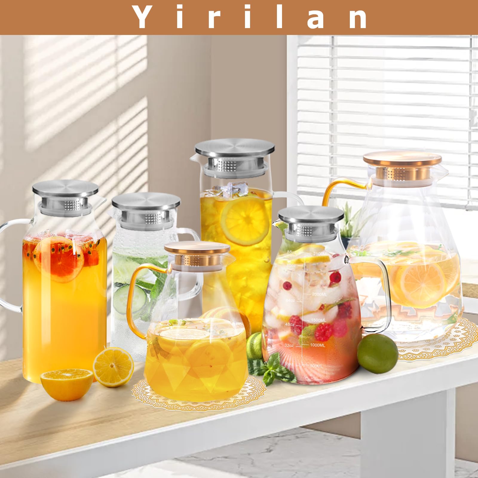Yirilan Glass Pitcher, 2 Liter Water Pitcher with Lid and Spout, Large Pitchers for Drinks, Glass Water Carafe, Glass Jug, Beverage Pitcher