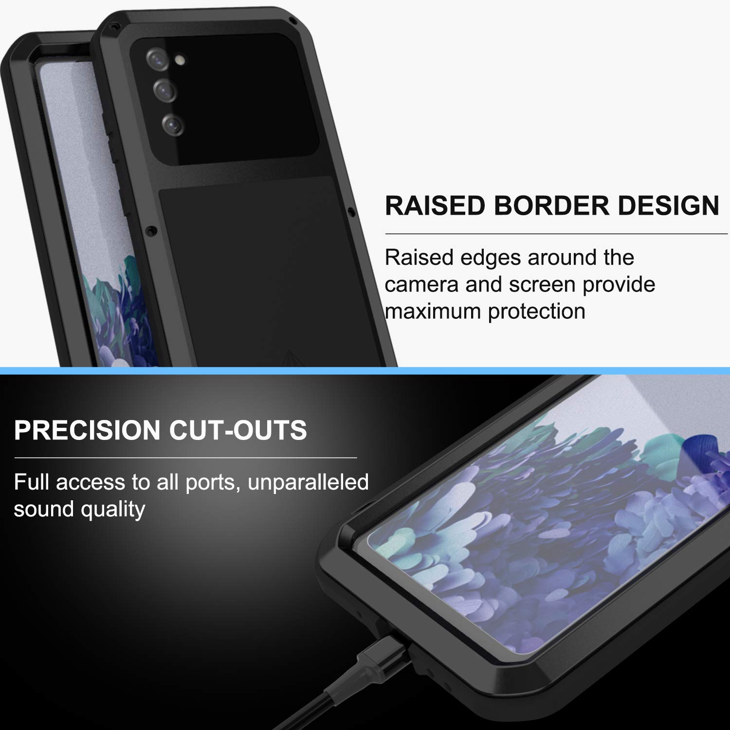 LOVE MEI Military Rugged Case For Samsung Galaxy S20 FE 5G, with Tempered Glass Screen Protector, Shockproof Dustproof Scratch Proof Hybrid Metal and Silicone Gel Heavy Duty Full Body Cover for S20 FE