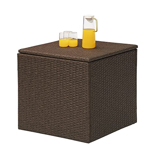 SUNVIVI OUTDOOR 73 Gallon Wicker Deck Box with Waterproof Inner, Hydraulic Pistons, Aluminum Frame for Cushions, Brown