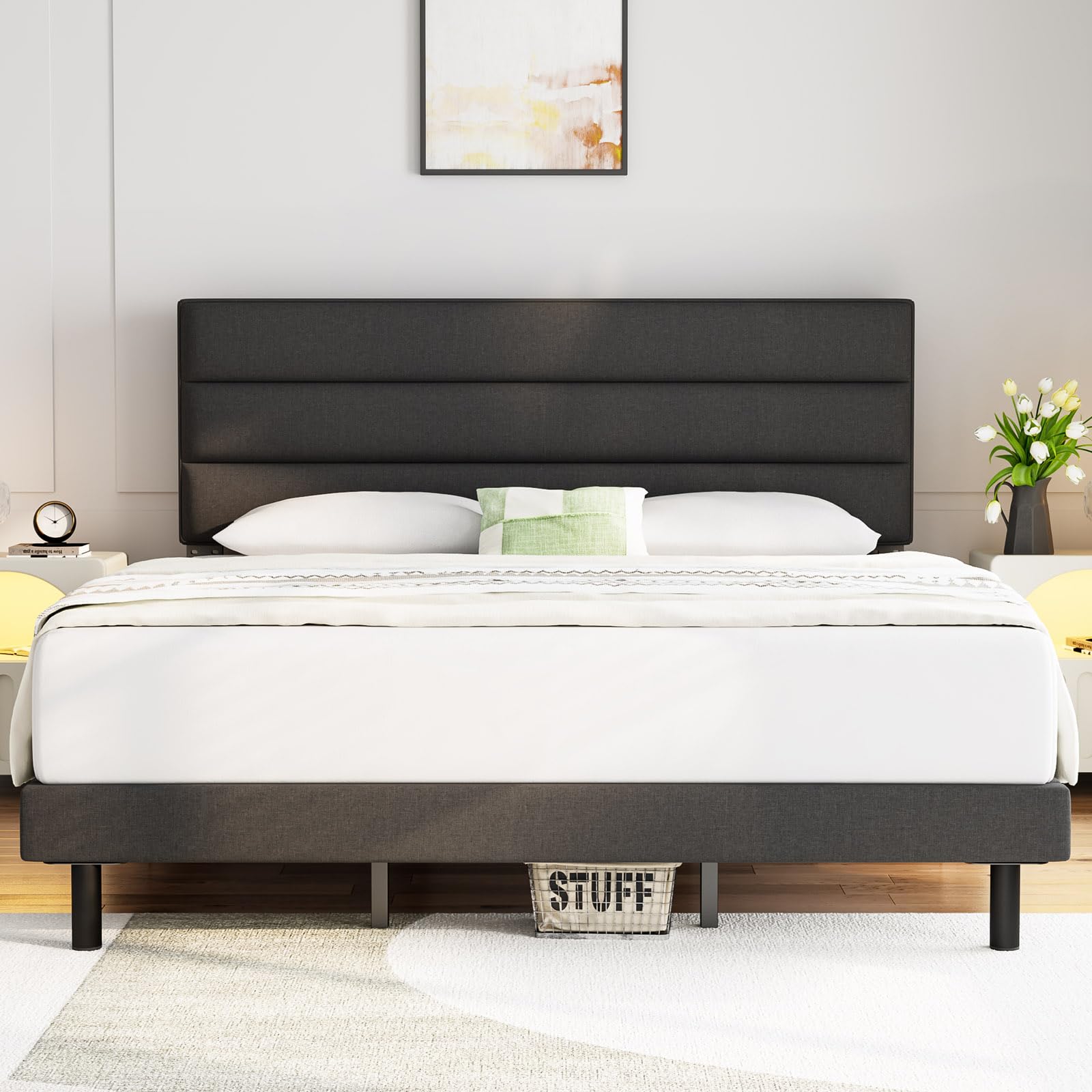 IYEE NATURE Queen Size Bed Frame with Headboard,Sturdy Platform Bed with Wooden Slats Support,No Box Spring,Mattress Foundation,Easy Assembly,Dark Grey