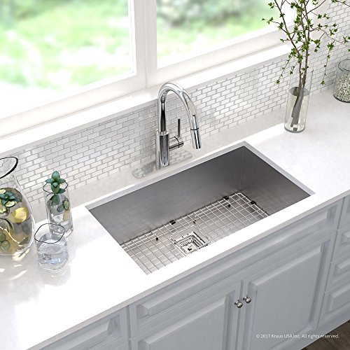Kraus KHU32-2620-41CH 31 ½ Inch Chrome Combo with Pax Zero-Radius Handmade Undermount Bowl 16 Gauge Stainless Steel Sink and Oletto Single Handle Pull Down Kitchen Faucet with Soap Dispenser