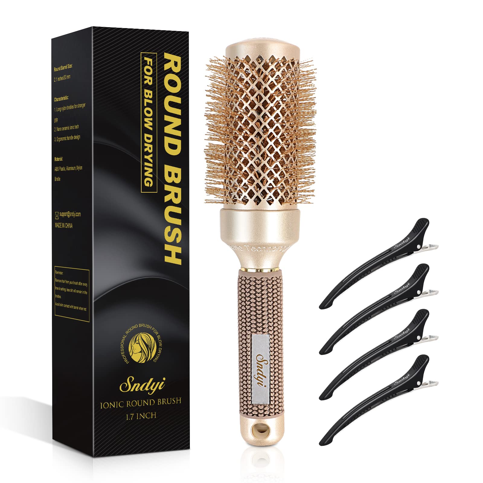 Sndyi Round Brush for Blow Drying, Nano Thermal Ceramic & Ionic Tech Hair Brush, Medium Round Brush for Curling and Straightening, Add Shine and Creat Maximum Volume -1.7 Inch