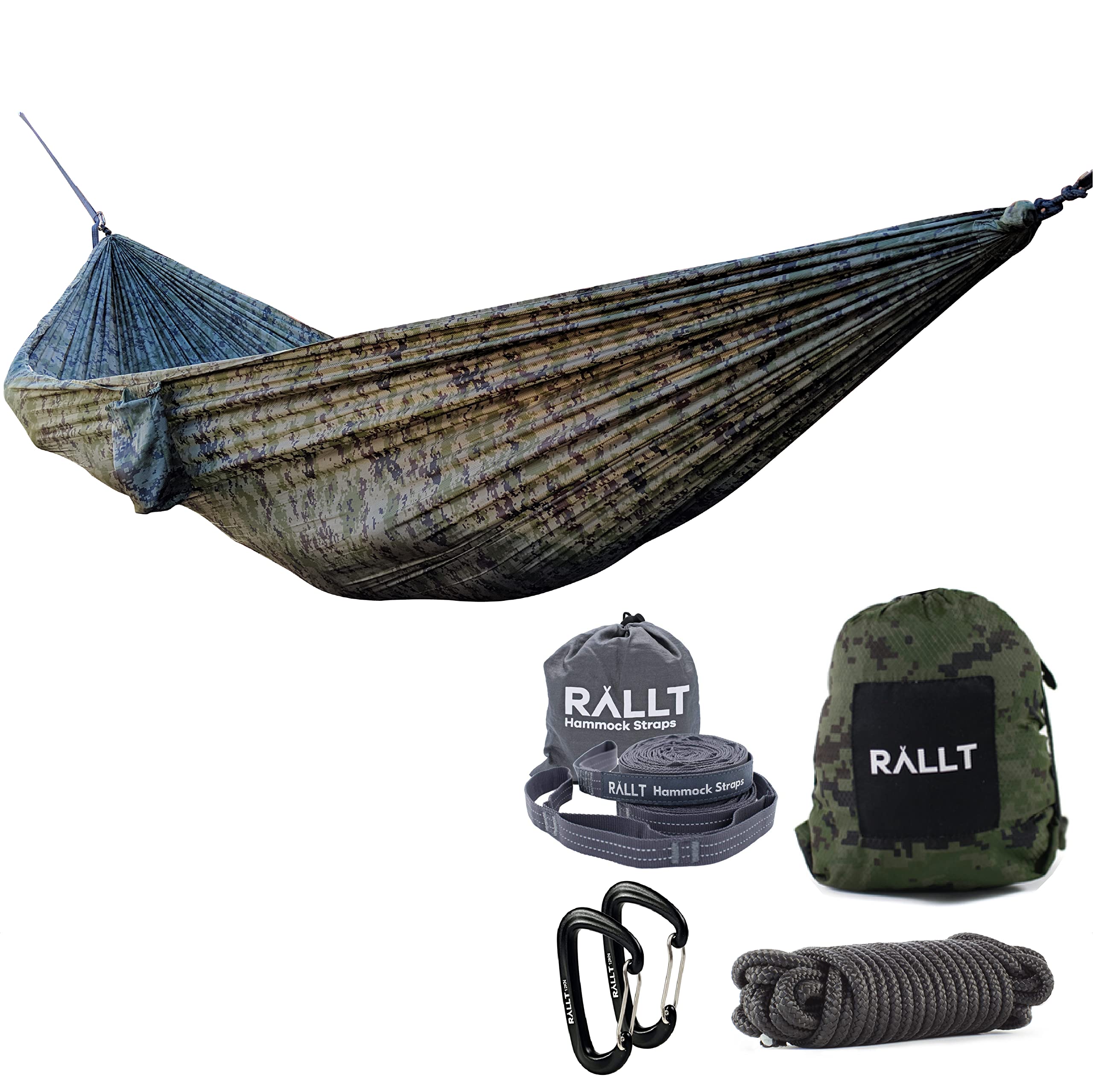 RALLT Camping Hammock with Carabiners - Includes Ripstop Parachute Nylon Hammock, & 2 Wire Gate Carabiners - Outdoor Gear - (Camo)