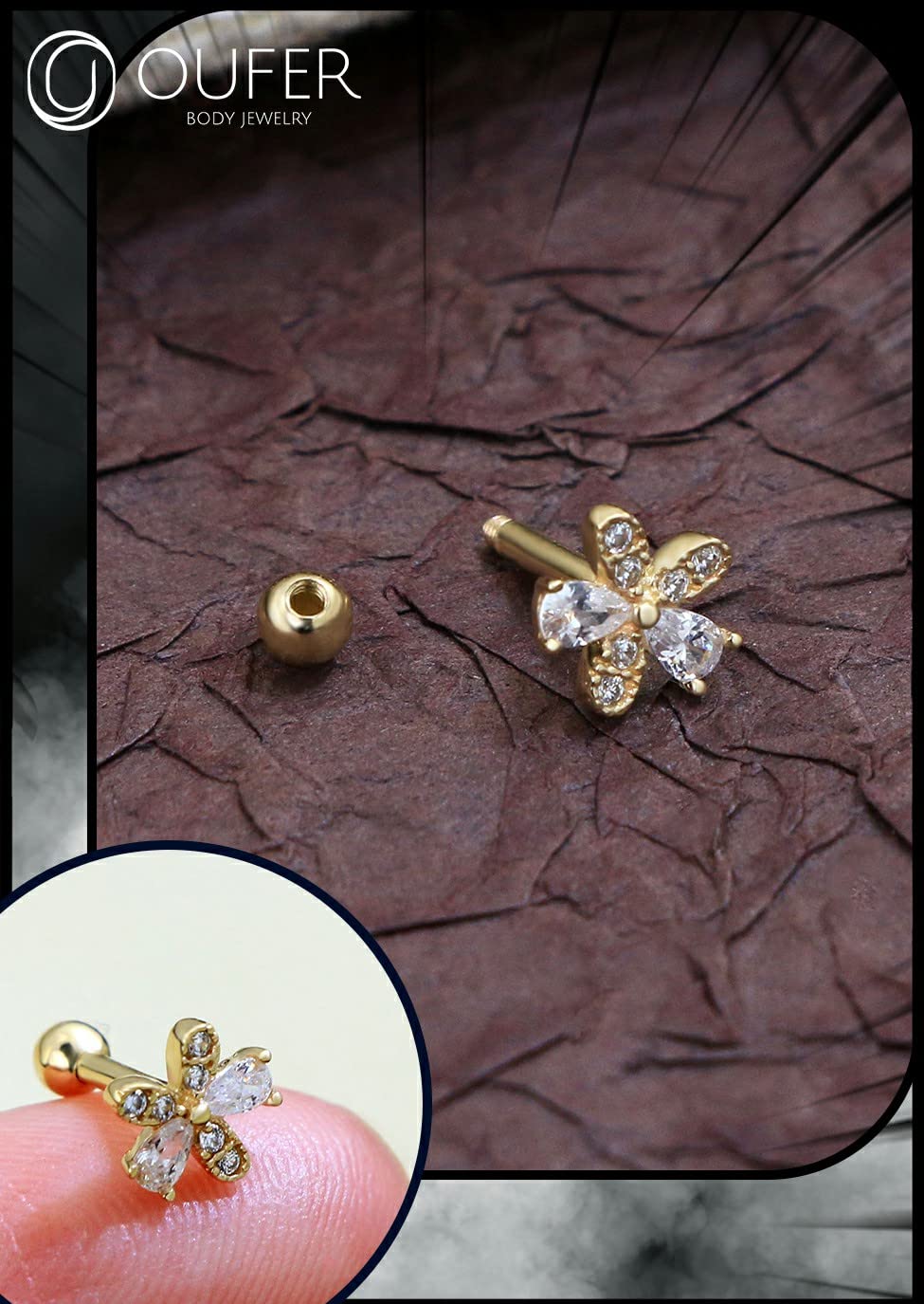 OUFER 16G Cartilge Stud Earrings, 9K Solid Gold Helix Piercing Jewelry, Clear CZ Tragus Daith Conch Forward Helix Body Ear Piercing Jewelry For Women And Men