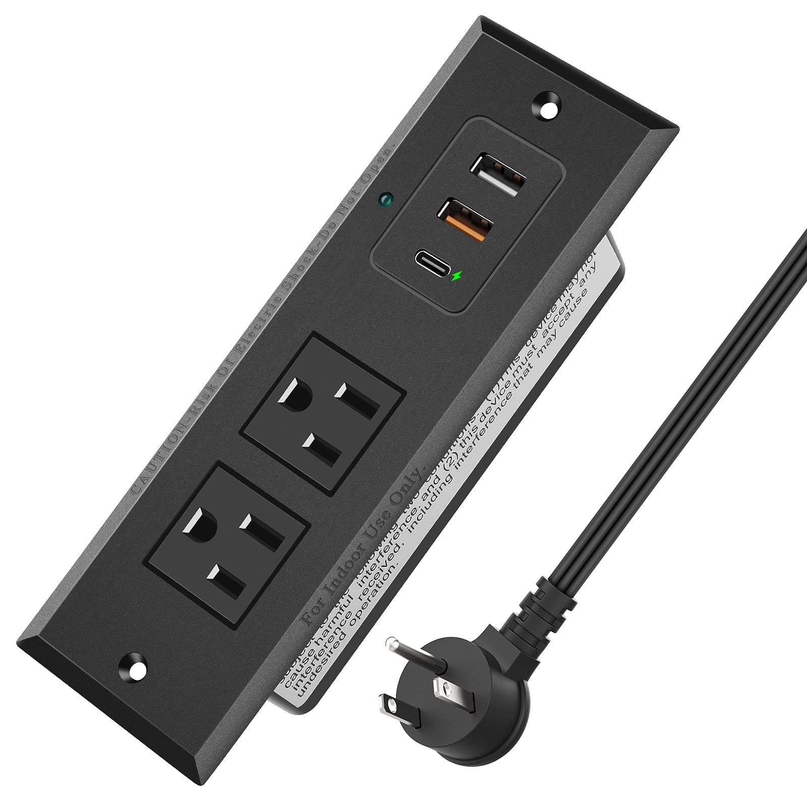 Type-C Recessed Power Socket, 20W PD Fast Charging USB-C QC3.0 3A USB-A Power Strip, Plug in 2 Outlets & 2 USB-A Ports &1 USB-C Port,Connect Flat Plug 6.5ft Extension Cord Black