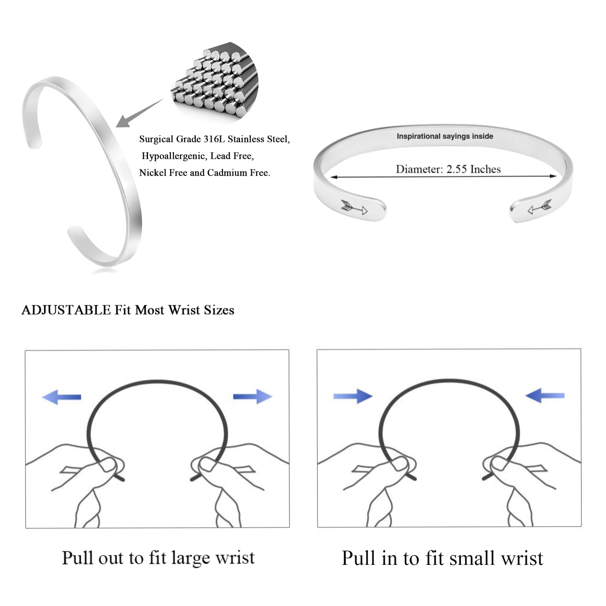JoycuFF Friendship Bracelets for Best Friends Inspirational Bangle Quotes Saying Engraved Stainless Steel Jewellery White