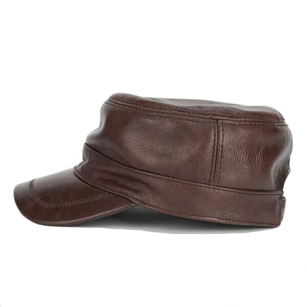 Mens Genuine Leather Flat Top Baseball Cap Army Cap Adjustable Military Hat Flat Cap Casquette Warm Classic 2 Colors