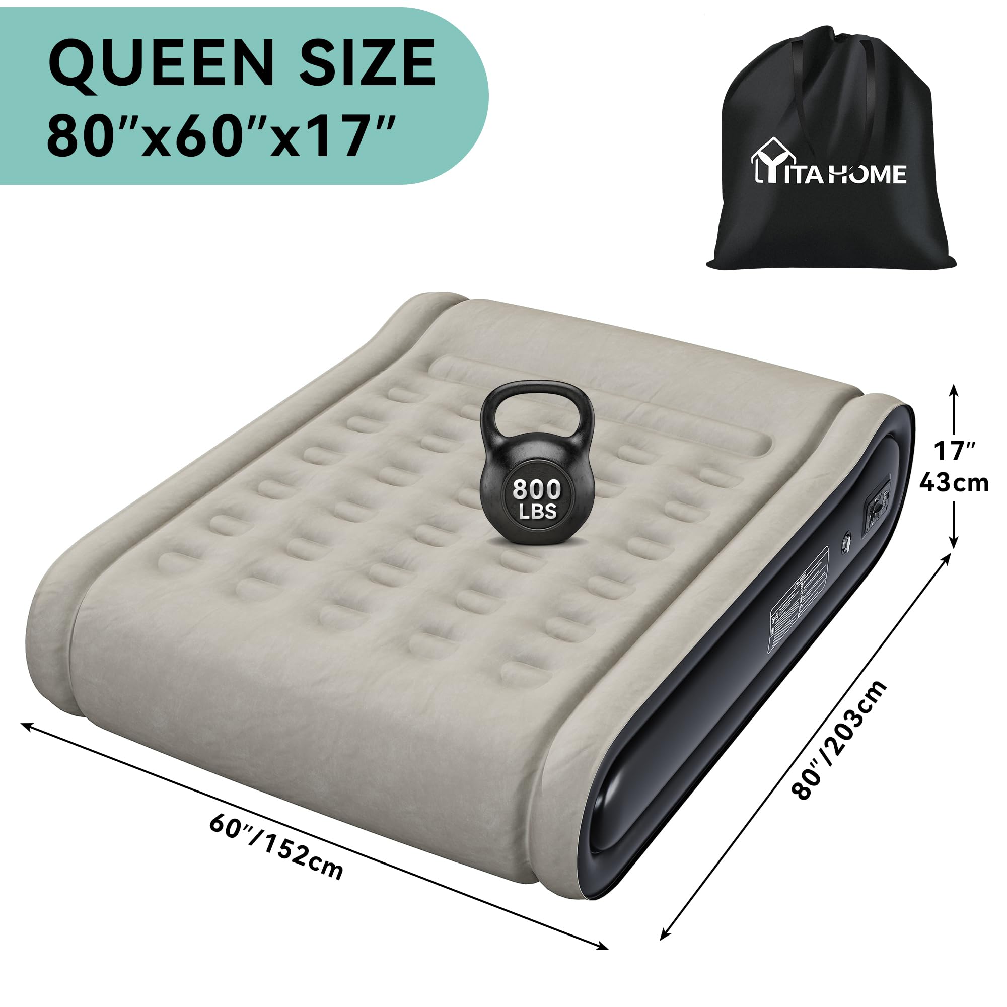 YITAHOME 18'' Flocked Top Queen Air Mattress with External Pump and Headboard, Durable Inflatable Bed, Blow-Up Mattress for Indoor and Outdoor Use, Brown