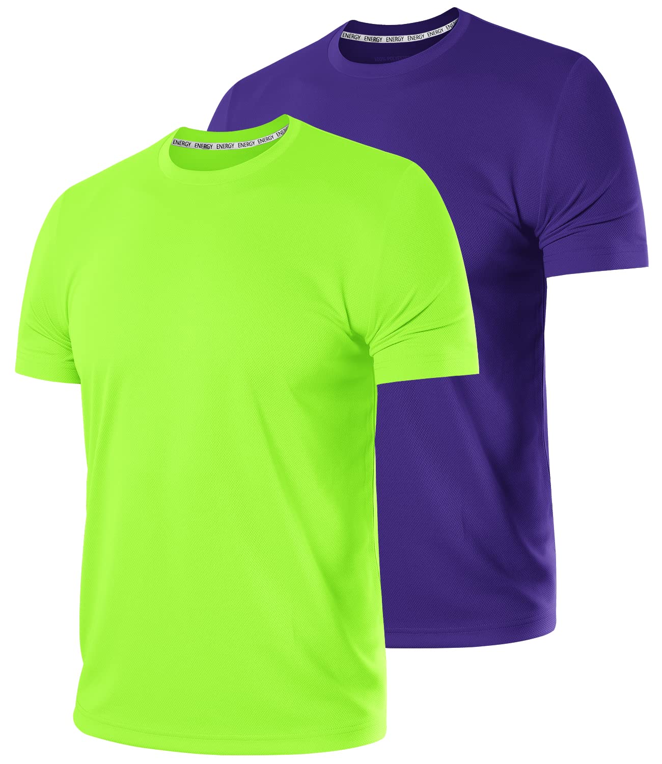 Mens Gym Shirts Dry Fit Short Sleeve Fitted Tshirts(Neon Green/Purple 2 Pack,M)