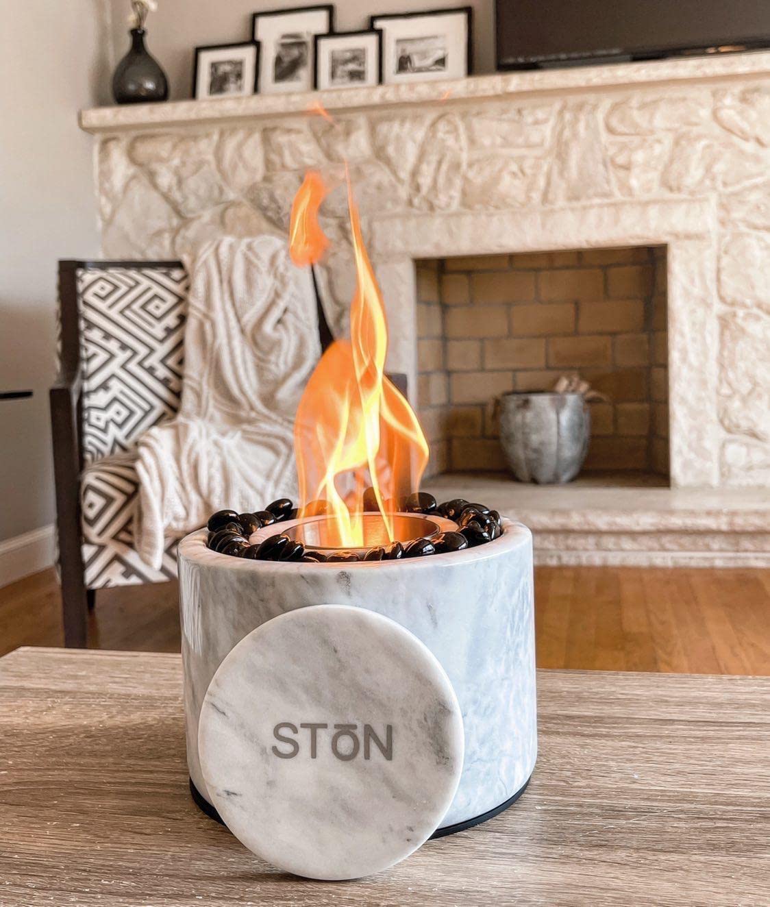 Stonhome Tabletop Fire Pit Bowl - The Original Marble Portable Fireplace, Indoor Outdoor, Mini Fire Pit Clean Burning Real Flame for Patio Balcony, S’Mores Maker (White)