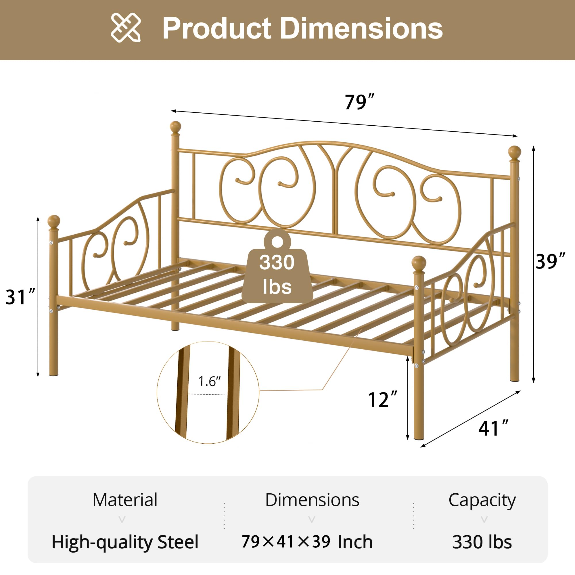 VECELO Twin Daybed Frame, Metal Day Bed with Classic Headboard, Multifunctional Platform Beds for Bedroom, Living Room, Guest Room, No Boxing Spring Needed, Black