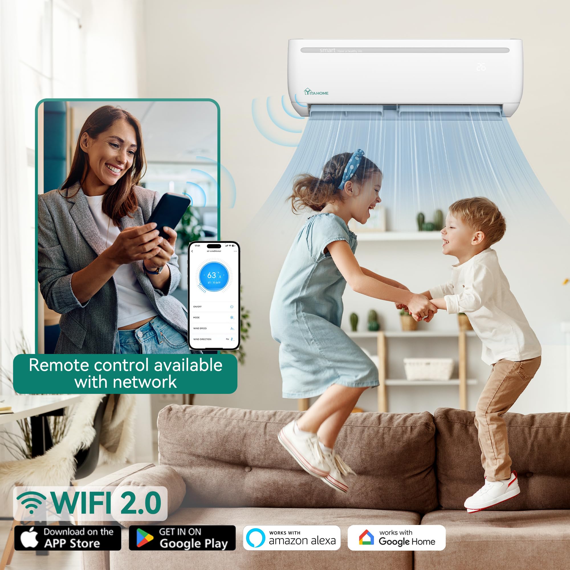 YITAHOME 24000 BTU Mini Split Air Conditioner Heat Pump System, Wifi Enabled 21 SEER2 208-230V Ductless AC Cool Up to 1500 Sq. Ft, Compatible with Alexa, Complete Installation Kit, White