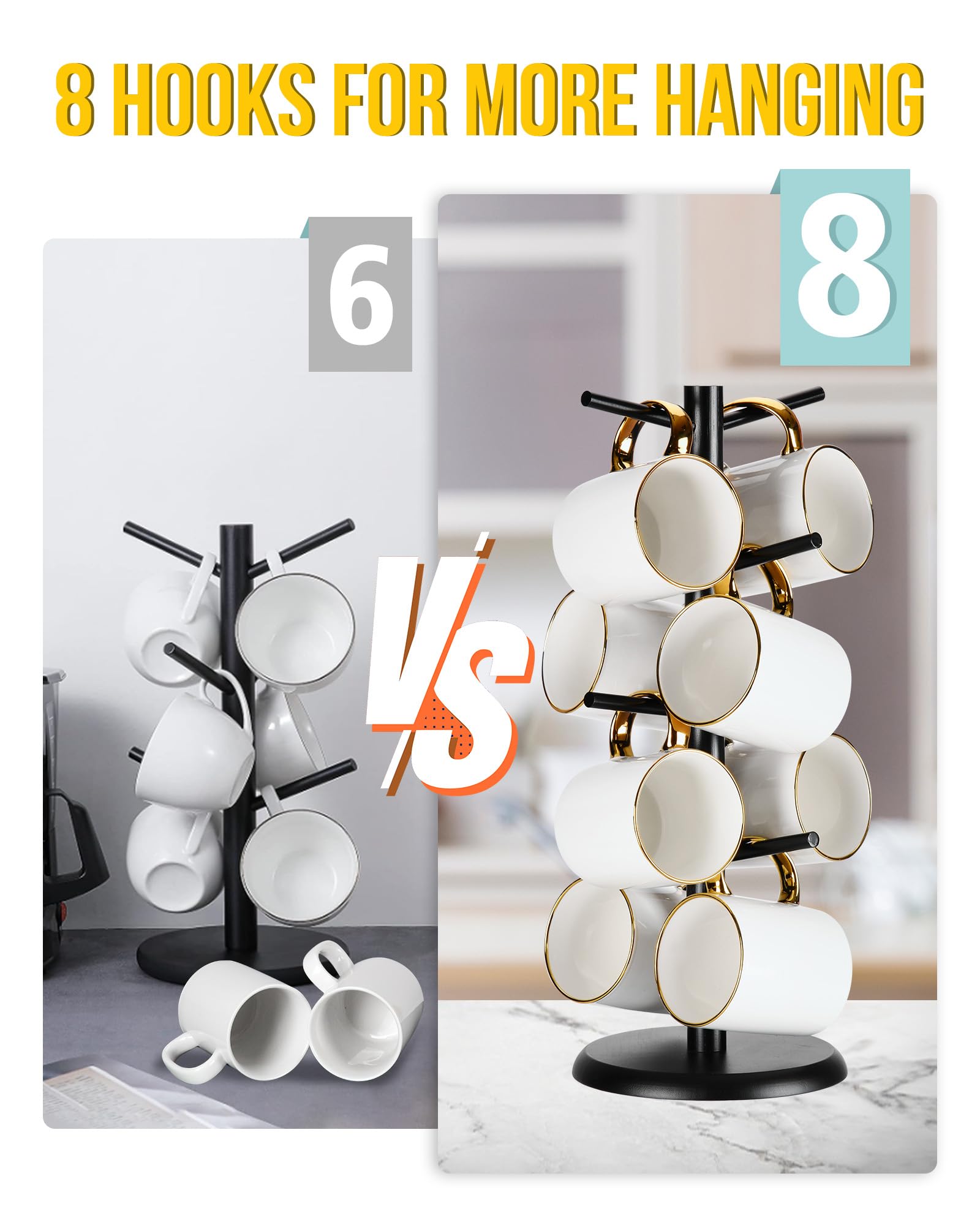 Lorbro Coffee Mug Tree with 8 Hooks, Mug Tree Stand, Bamboo Coffee Cup Holder, Countertop Mug Tree, Mug Stand Kitchen Organizer, Cafe Accessories Decor & Kitchen Organizer Storage Stand (Black)