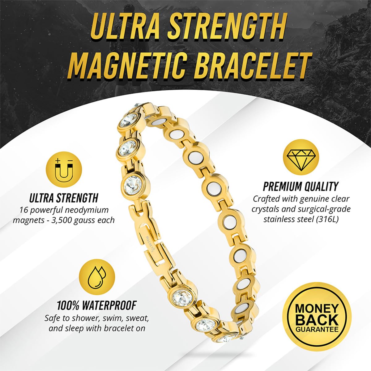 MagnetRX® Women's Magnetic Bracelet – Magnetic Crystal Bracelets for Women – Adjustable Length with Included Sizing Tool (Gold)