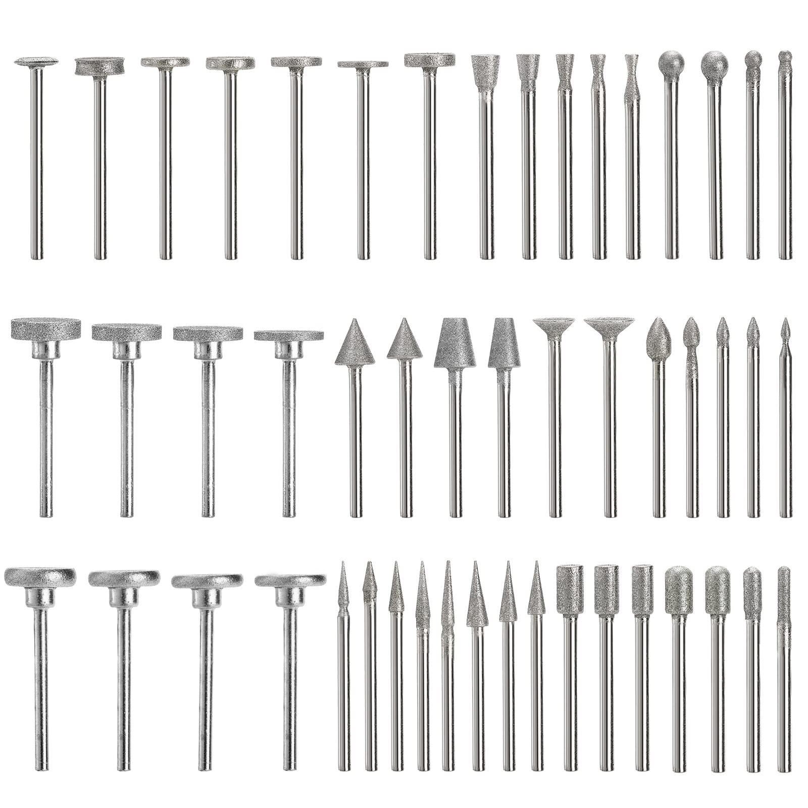 Lawei 50-Pack Diamond Burr Set, 1/8 Inch Shank Diamond Grinding Bits, Polishing Rotary Tools for Carving/Engraving Stone, Rocks, Jewelry, Glass, Ceramics for Rotary Tools, 3mm Mandrel