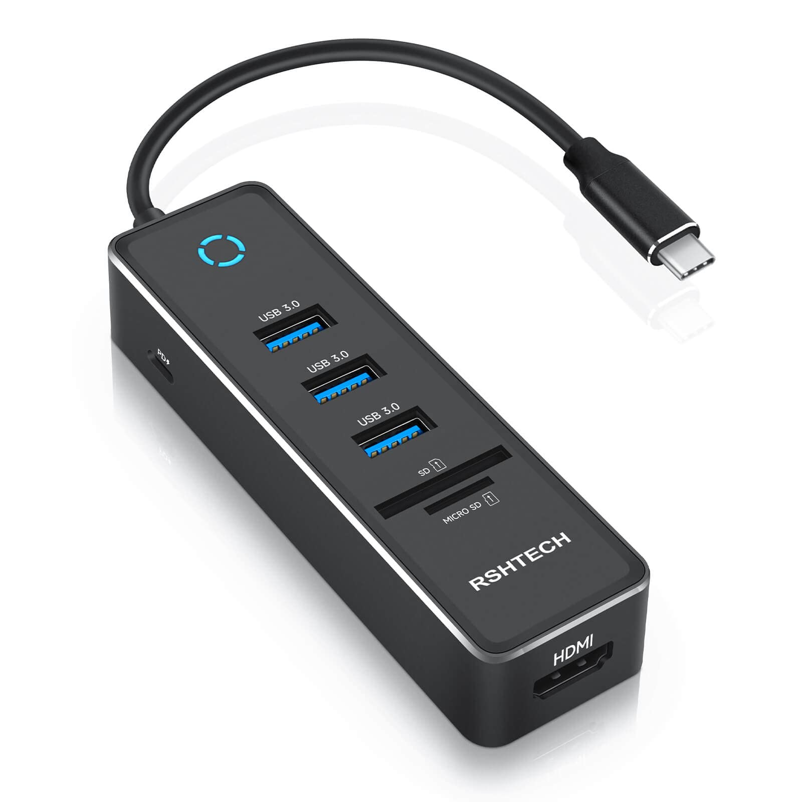 USB C Hub, RSHTECH USB C Dongle Adapter with 4K HDMI, 3 USB 3.0 Data Port, 100W Power Delivery, SD/TF Card Reader, Aluminum USB-C/Thunderbolt 3 Hub Dock for PC and Laptop, RSH-T16