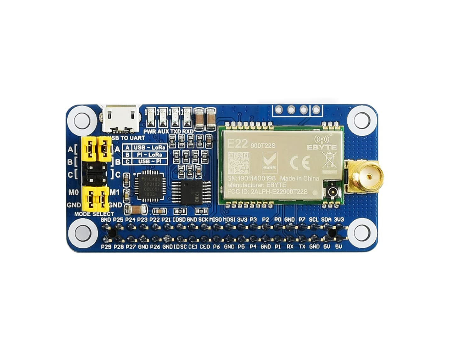 Waveshare SX1262/SX1268 LoRa HAT, Compatible with Raspberry Pi 5/4B/3B/Zero/Zero W/Zero 2W/Pico/Pico W/Pico WH, UART Interface, SX1262 868M LoRa HAT