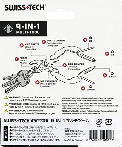 SWISS+TECH ST50016 Polished Stainless Steel 9-in-1 Micro Pocket Multitool with Screwdrivers, Pliers (Single Pack)