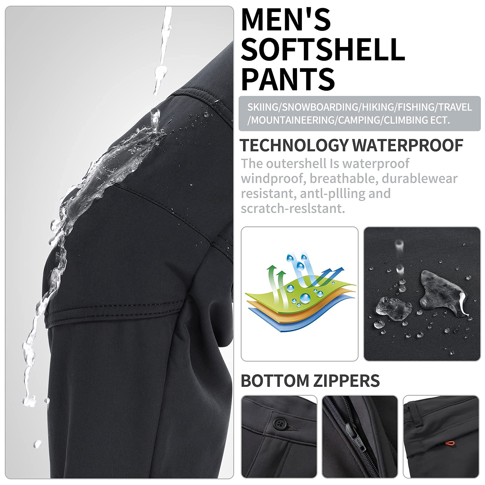 linlon Men's Snow Ski Waterproof Fleece Lined Pants Outdoor Hiking Insulated Softshell with Belt (Grey, 30)