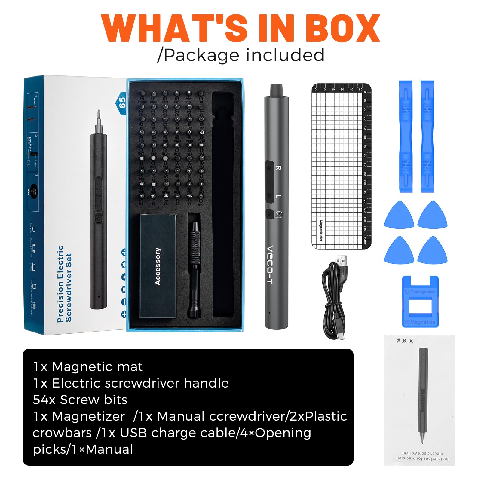 VECO-T Mini Electric Screwdriver,65-in-1 Precision Screwdriver Set with 54 Magnetic Bits,USB-C Rechargeable Repair Tool Kit for Repairing Watch Glasses Phone Camera Laptop