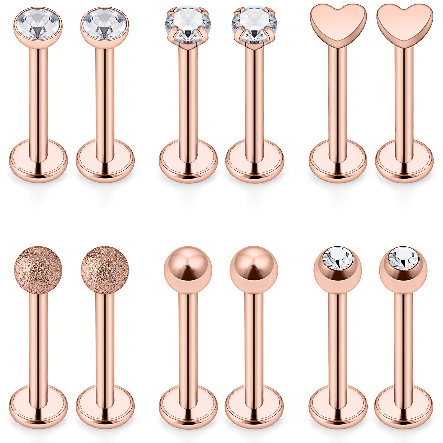 Lcolyoli Lip Ring 16G 316L Stainless Steel Labret Monroe Barbell 3mm Round CZ Gem Heart Cartilage Helix Tragus Nose Stud Piercing Jewelry for Women Men 12PCS Ball with Flat Back Rose Gold