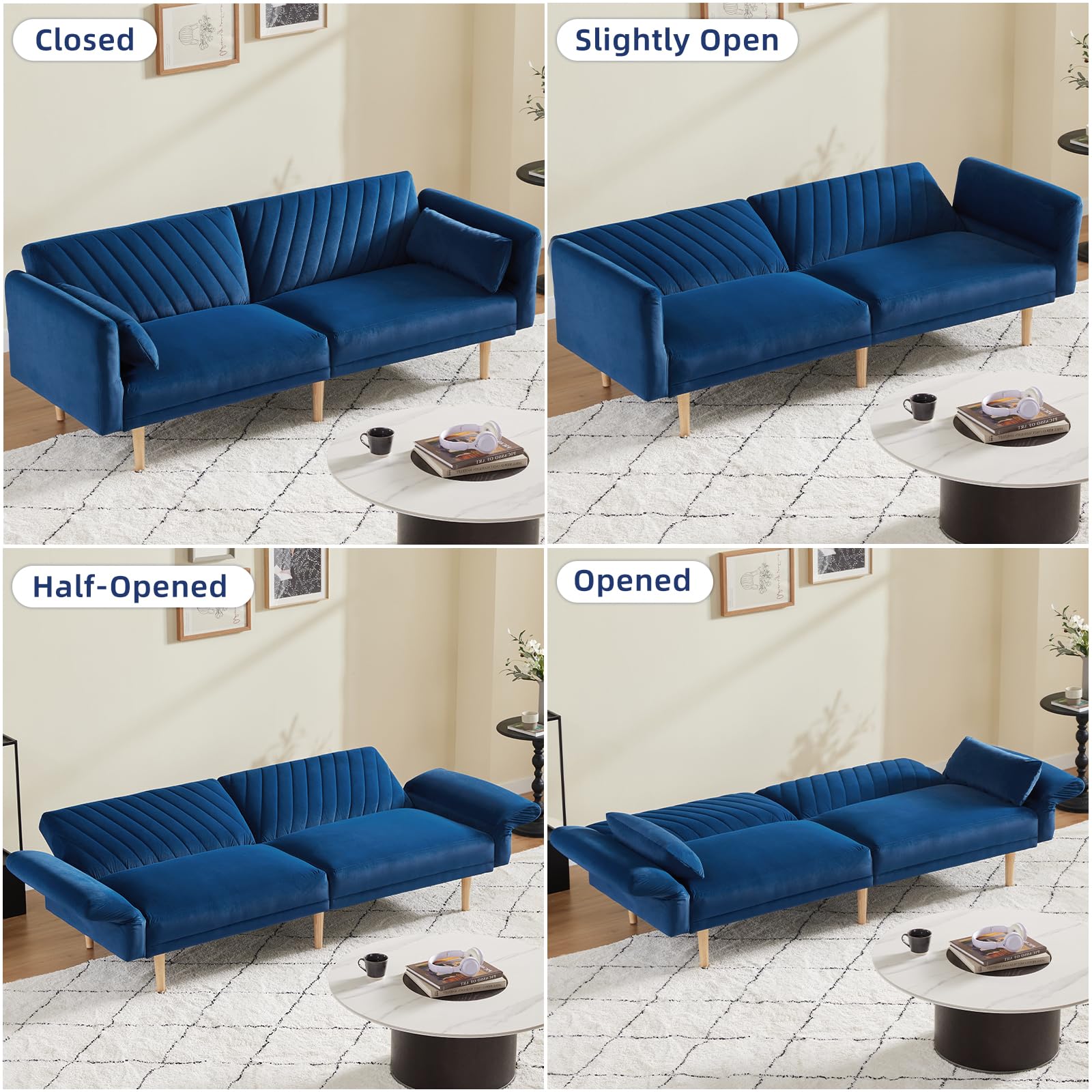 WILLOVE 78'' Velvet Futon Sofa Bed, Convertible Sleeper Bed with Adjustable Armrests and Backrest, Loveseat Sleeper Sofa with 2 Pillows, Modern Futon Couches for Living Room, Blue