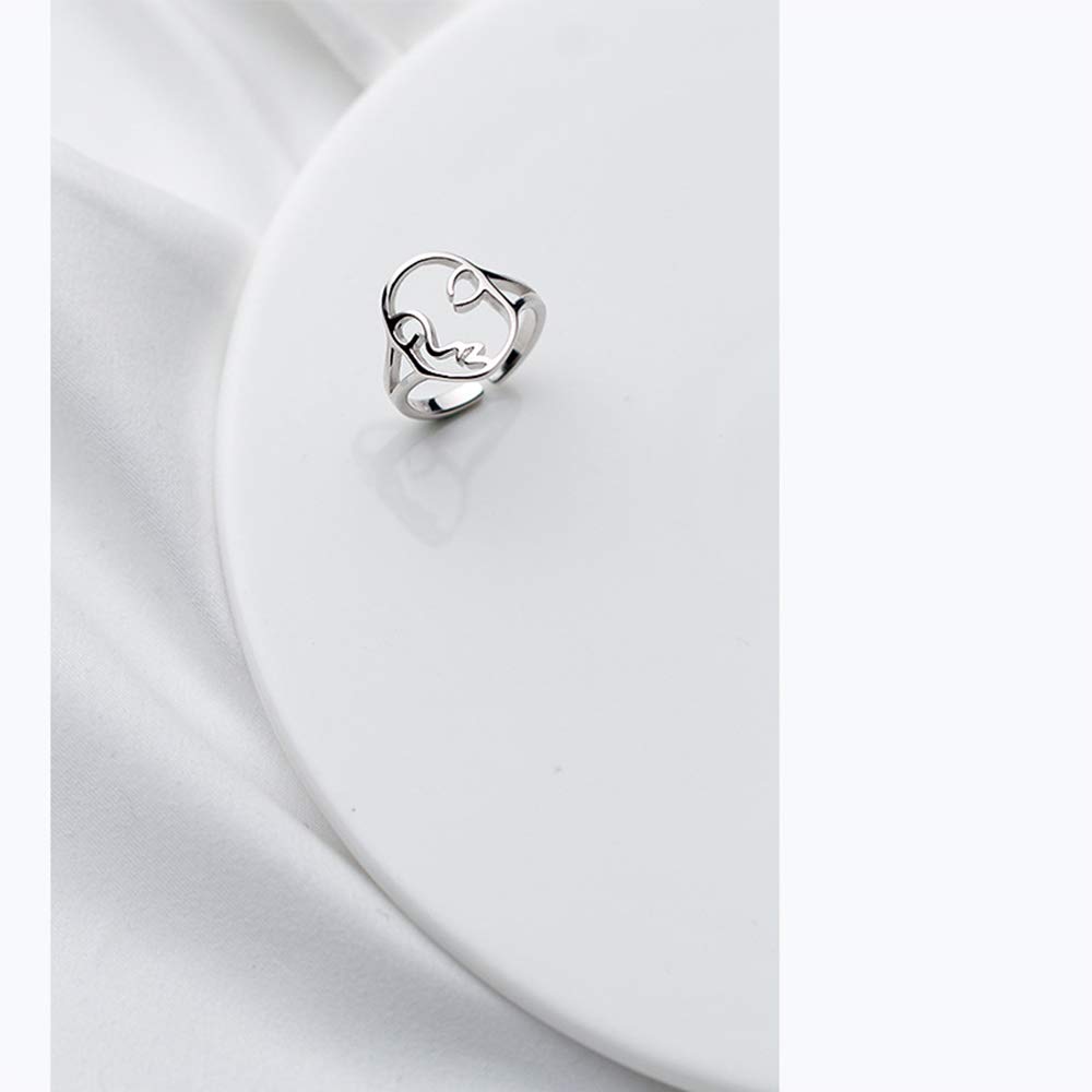 Lovely Human Face Sterling Silver Open Stacking Rings for Women Girls Adjustable Finger Thumb Band Statement Etermity Promise Engagement Ring Birthday Gifts