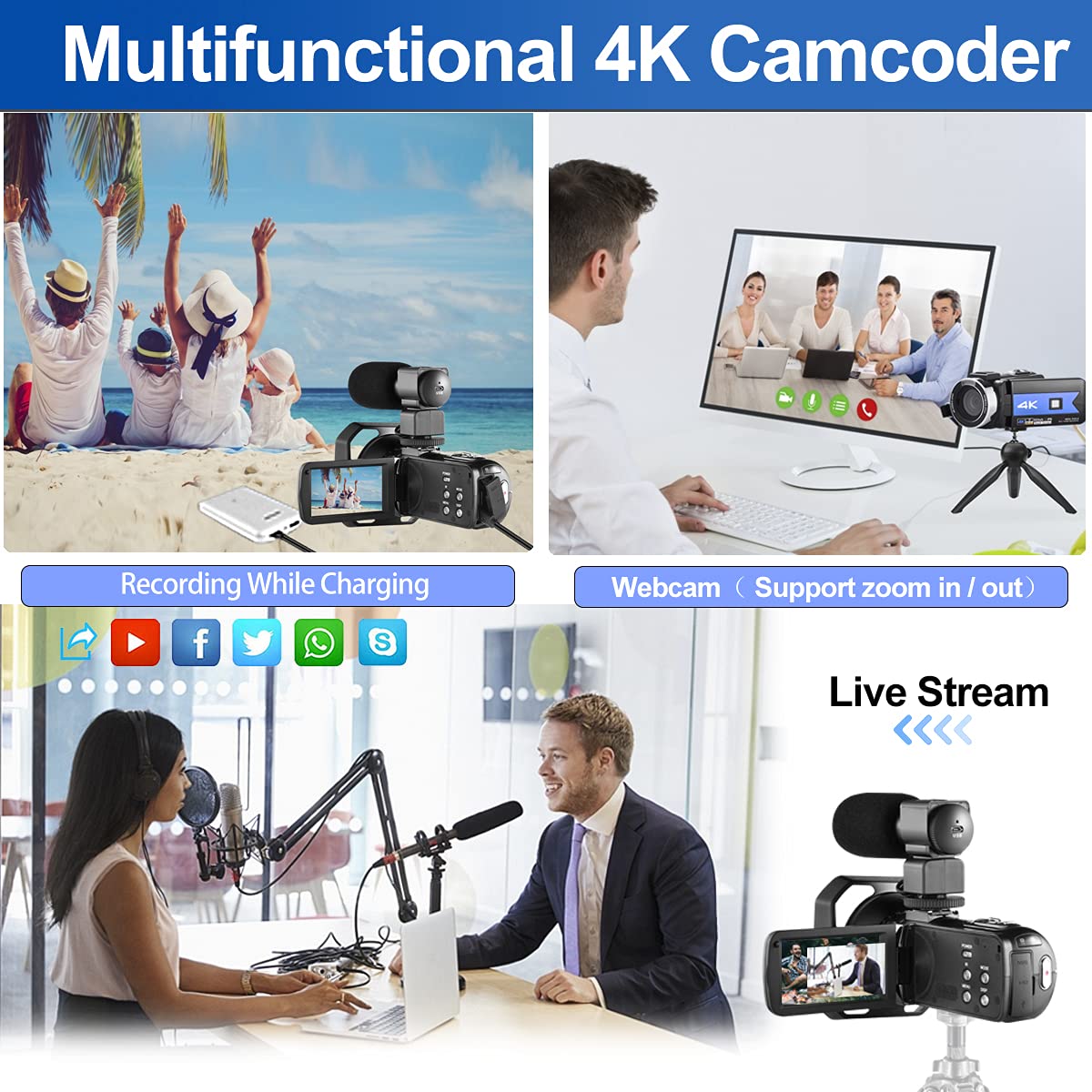 OIEXI 4K Camera for YouTube Videos HD Camcorder with LED Light Digital Vlog Camera with 16X Digital Zoom and Night Vision, Video Recorder with Microphone,(Blue,2 Batteries Included)