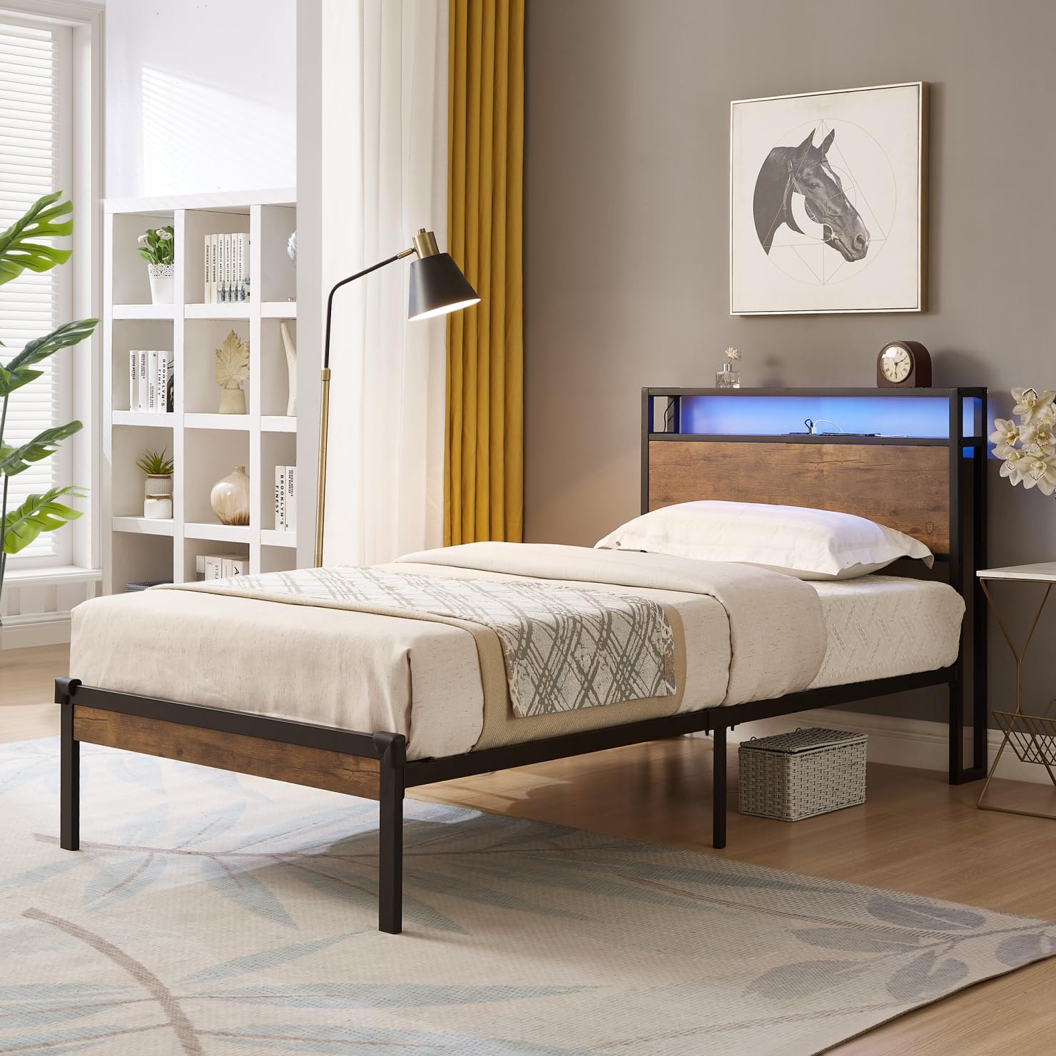 TURRIDU Twin Size Bed with USB Port & LED Lights, Metal Platform Bed Frame with Wooden Headboard & Footboard for Small Space, No Box Spring Needed, Large Under Bed Storage, Easy to Assemble, Brown